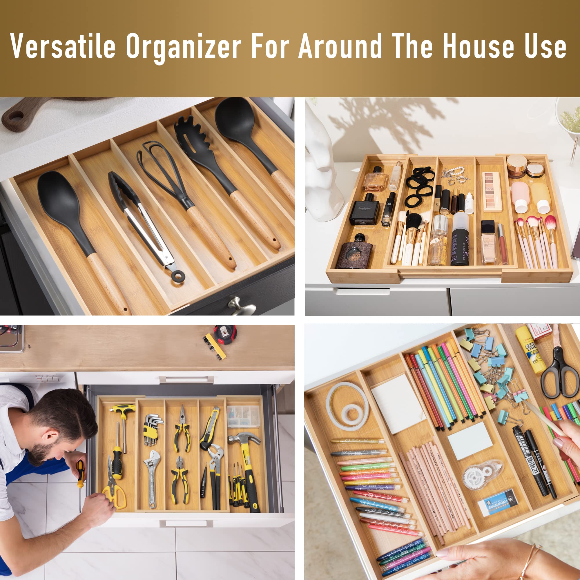Besilord Silverware Organizer Expandable Kitchen Drawer Organizer Bambooo Utensil Organizer Silverware Tray for Drawer Flatware Cutlery Organizer