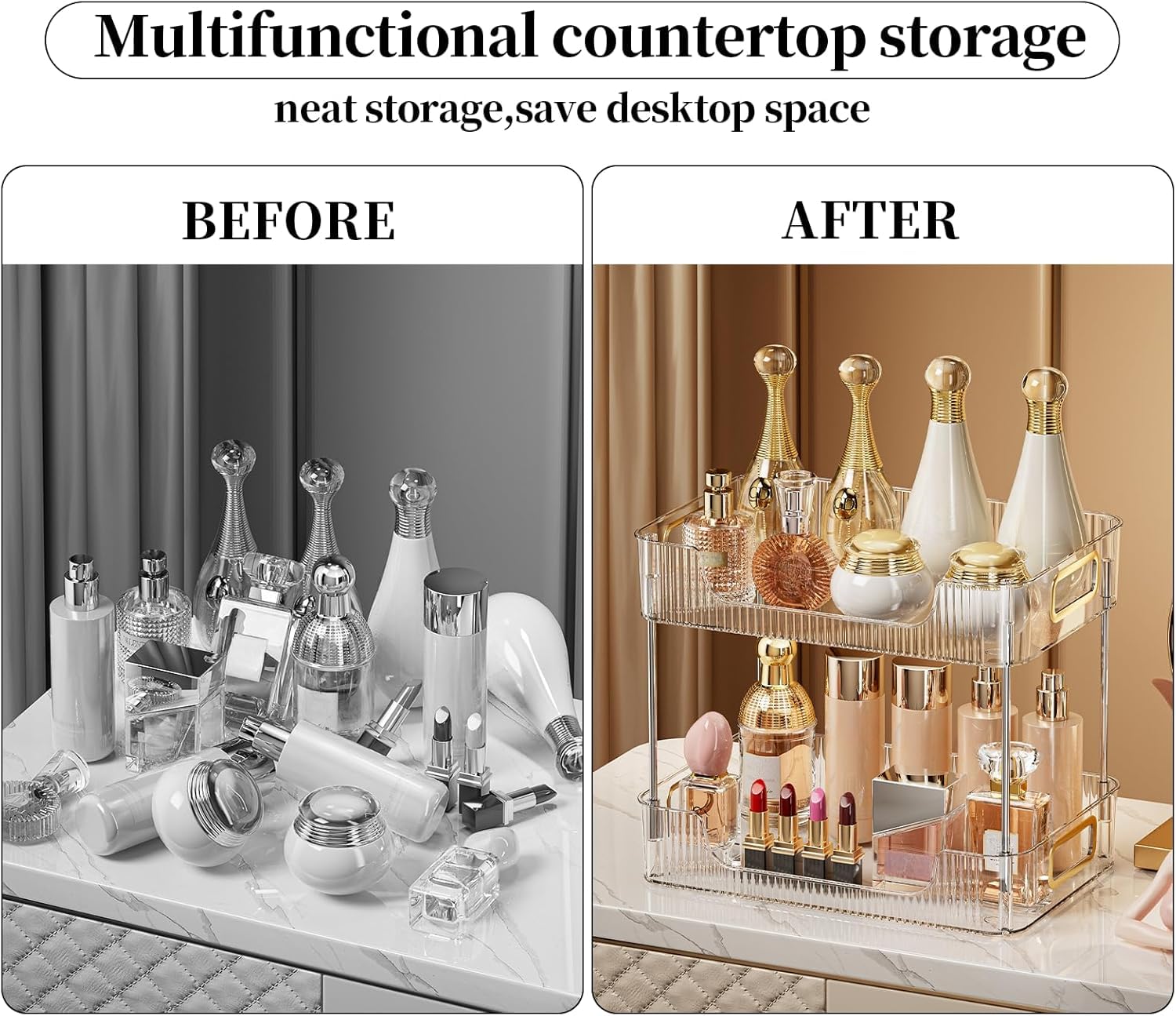 KSDSOAM 2 Tiers Bathroom Countertop Organizer, Cosmetics Skincare Organizer Holder for Perfume, Bathroom Organizers and Storage for Dresser Vanity Tray Sink (Clear)