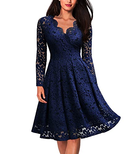 MISSMAY Women's Vintage Floral Lace Long Sleeve V Neck Cocktail Formal Swing Dress (Large, Navy Blue)