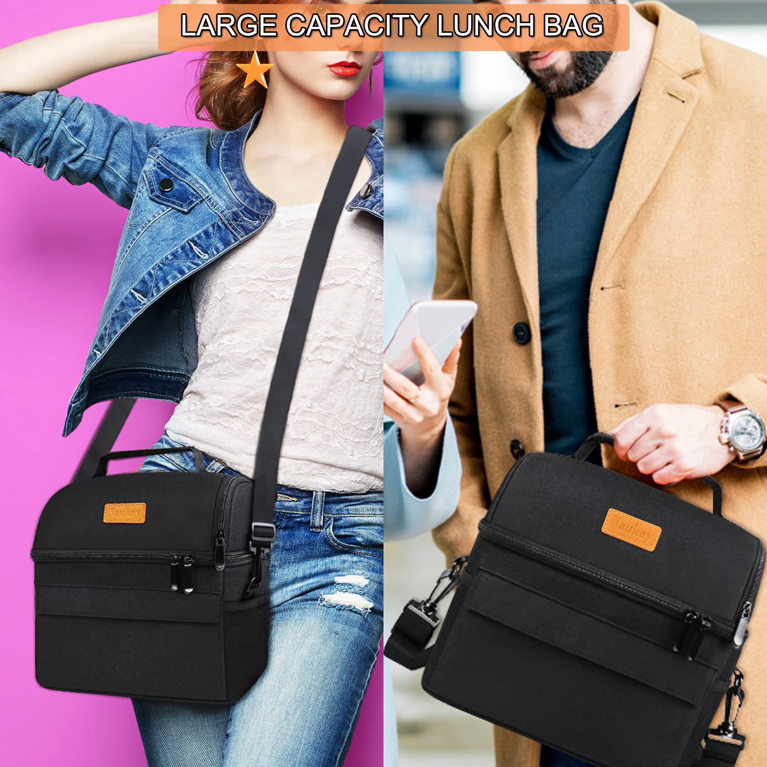 Dual Compartment Lunch Bag for Women Men, Reusable Insulated Lunch Bags Leakproof Large Lunch Box Cooler Tote Bag with Adjustable Shoulder Strap for Office Work School Picnic Hiking Beach Party, Black