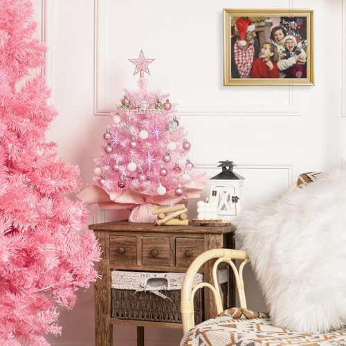 XmasExp 20in Mini Christmas Tree with Lights Pink Small Christmas Tree Artificial Tabletop Xmas Decor Holiday Decoration for Home, Office, Party