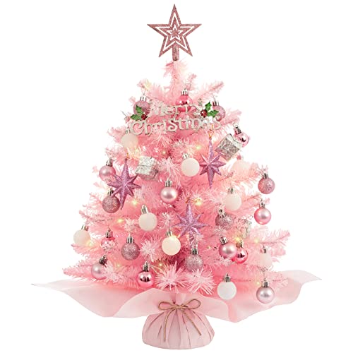 XmasExp 20in Mini Christmas Tree with Lights Pink Small Christmas Tree Artificial Tabletop Xmas Decor Holiday Decoration for Home, Office, Party
