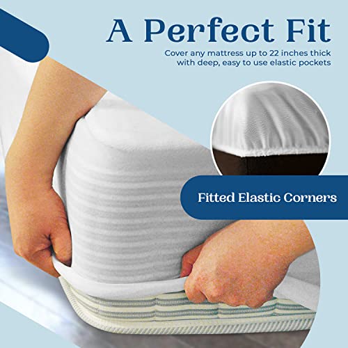 FeelAtHome Fitted 100% Waterproof Mattress Cover (Full XL Size) - Breathable Super Soft & Noiseless Cotton Terry Fabric Matress Fitted Cover White