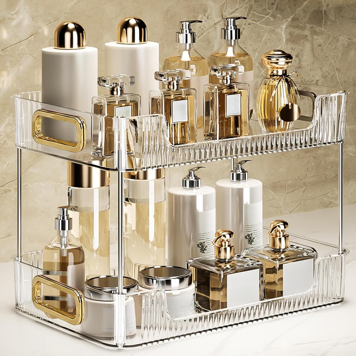 KSDSOAM 2 Tiers Bathroom Countertop Organizer, Cosmetics Skincare Organizer Holder for Perfume, Bathroom Organizers and Storage for Dresser Vanity Tray Sink (Clear)