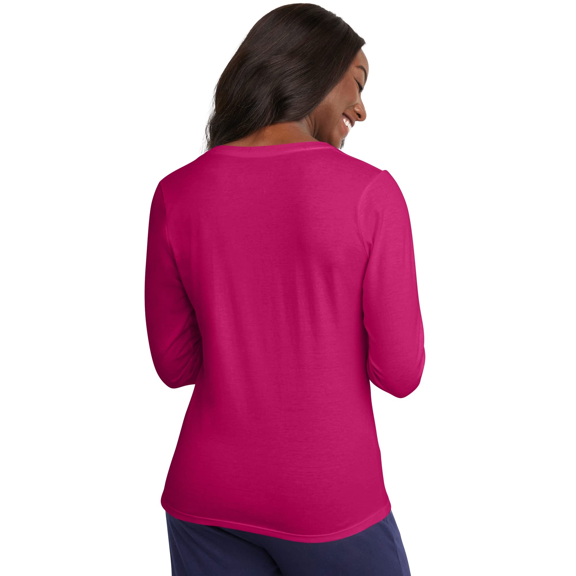 Hanes Comfortblend Women's Originals Long Sleeve Cotton T-Shirt, Lightweight V-Neck Tee, Modern Fit, Sizzling Pink, Large