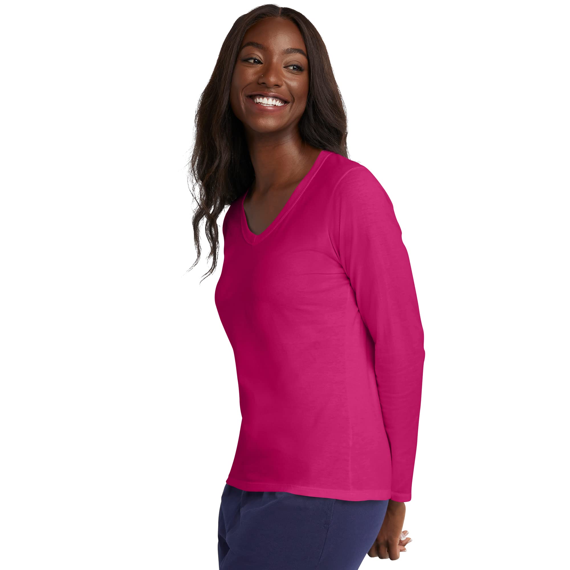 Hanes Comfortblend Women's Originals Long Sleeve Cotton T-Shirt, Lightweight V-Neck Tee, Modern Fit, Sizzling Pink, Large