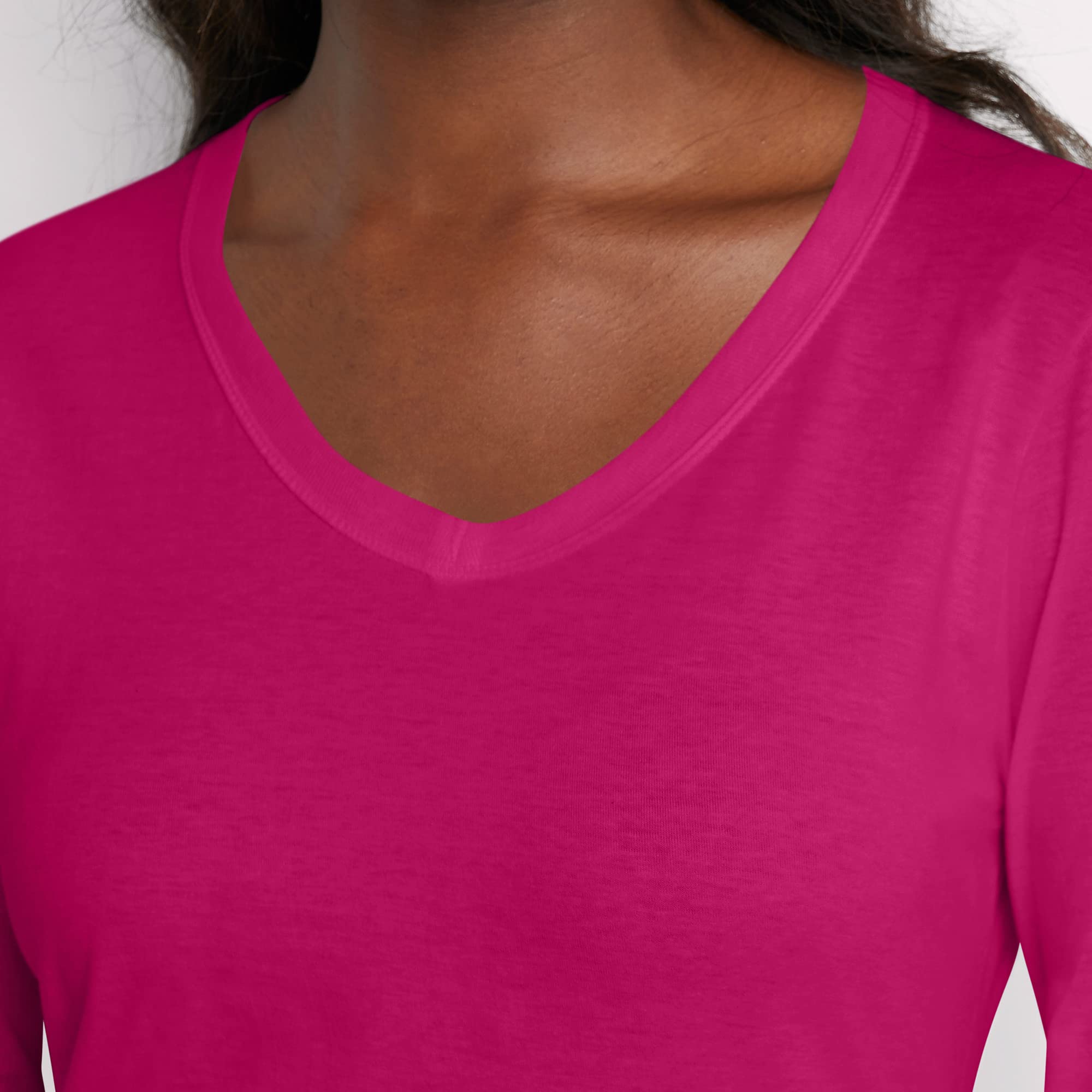Hanes Comfortblend Women's Originals Long Sleeve Cotton T-Shirt, Lightweight V-Neck Tee, Modern Fit, Sizzling Pink, Large