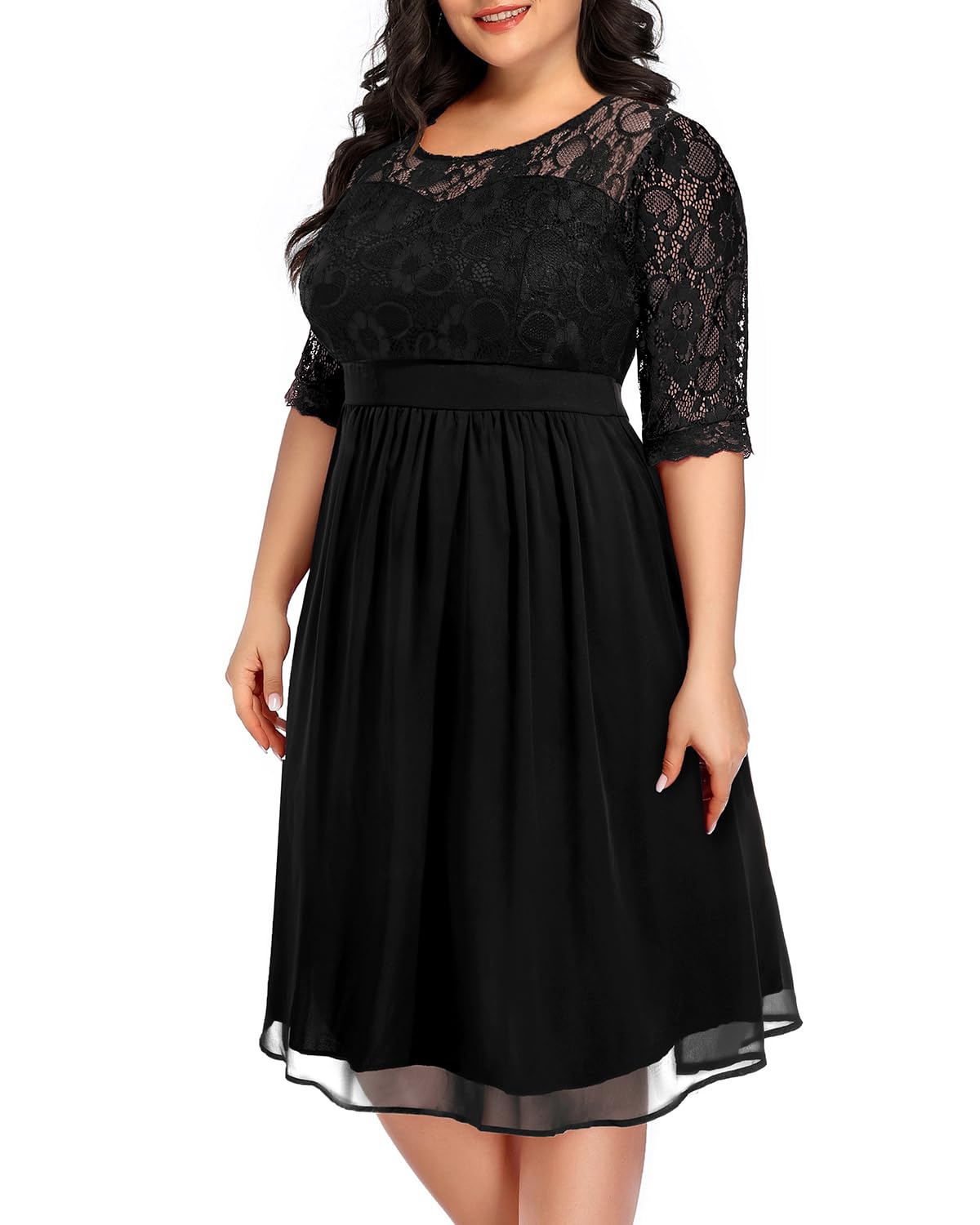 Pinup Fashion Plus Size Black Dress Funeral Wedding Guest Lace Chiffon Short Formal Cocktail Party Midi Dress Women