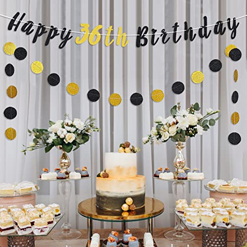 LASKYER 36th Birthday Decoration Set - Happy 36th Birthday Banner with Black & Gold Glitter Circle Dots Cheers to 36 Years Old Birthday Party Decorations.[Pre - Strung]