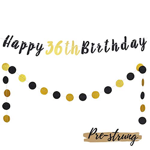 LASKYER 36th Birthday Decoration Set - Happy 36th Birthday Banner with Black & Gold Glitter Circle Dots Cheers to 36 Years Old Birthday Party Decorations.[Pre - Strung]