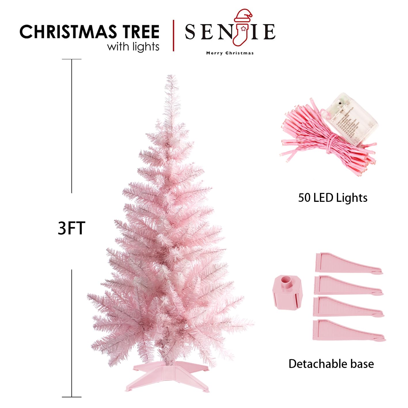 Senjie 3FT Mini Christmas Tree, 160 PVC Branch Tips, Cherry Blossom Pink, Battery Operated