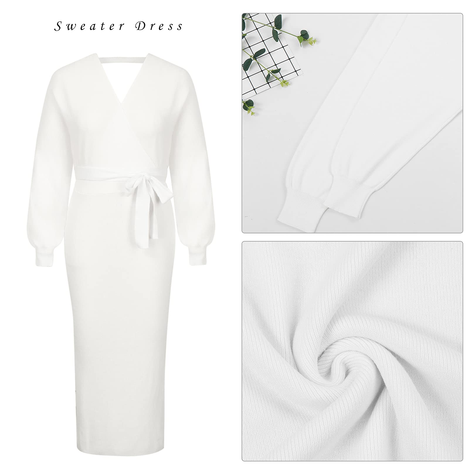 Pink Queen Womens V Neck Sweater Wrap Dresses Batwing Sleeve Elegant Holiday Bodycon Slit Maxi Knit Dress Belted White L