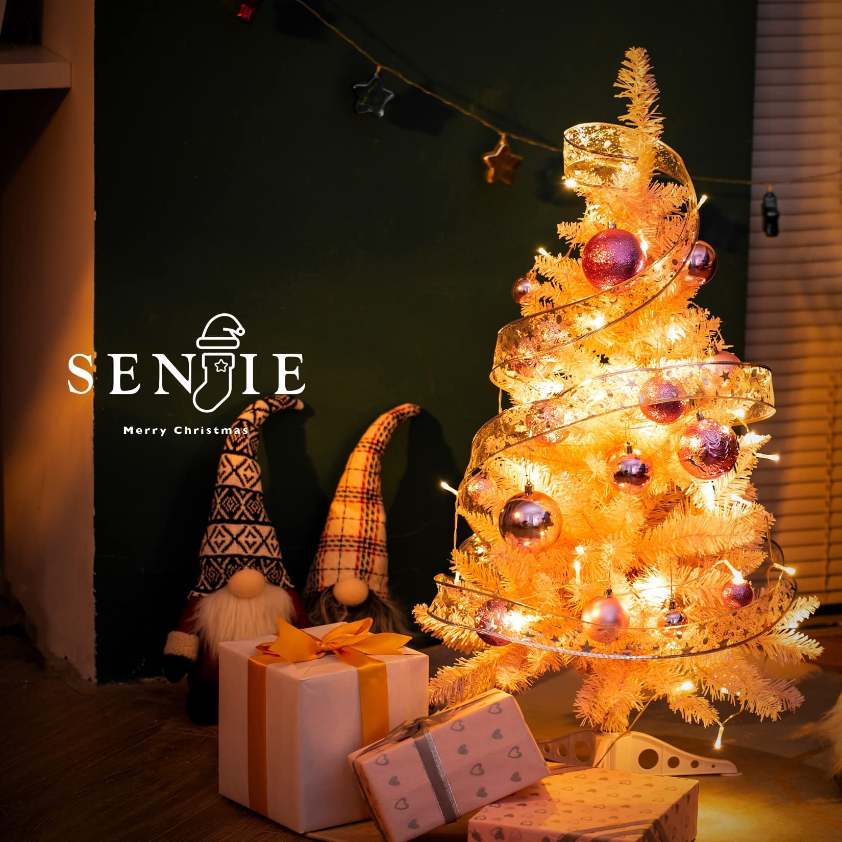 Senjie 3FT Mini Christmas Tree, 160 PVC Branch Tips, Cherry Blossom Pink, Battery Operated
