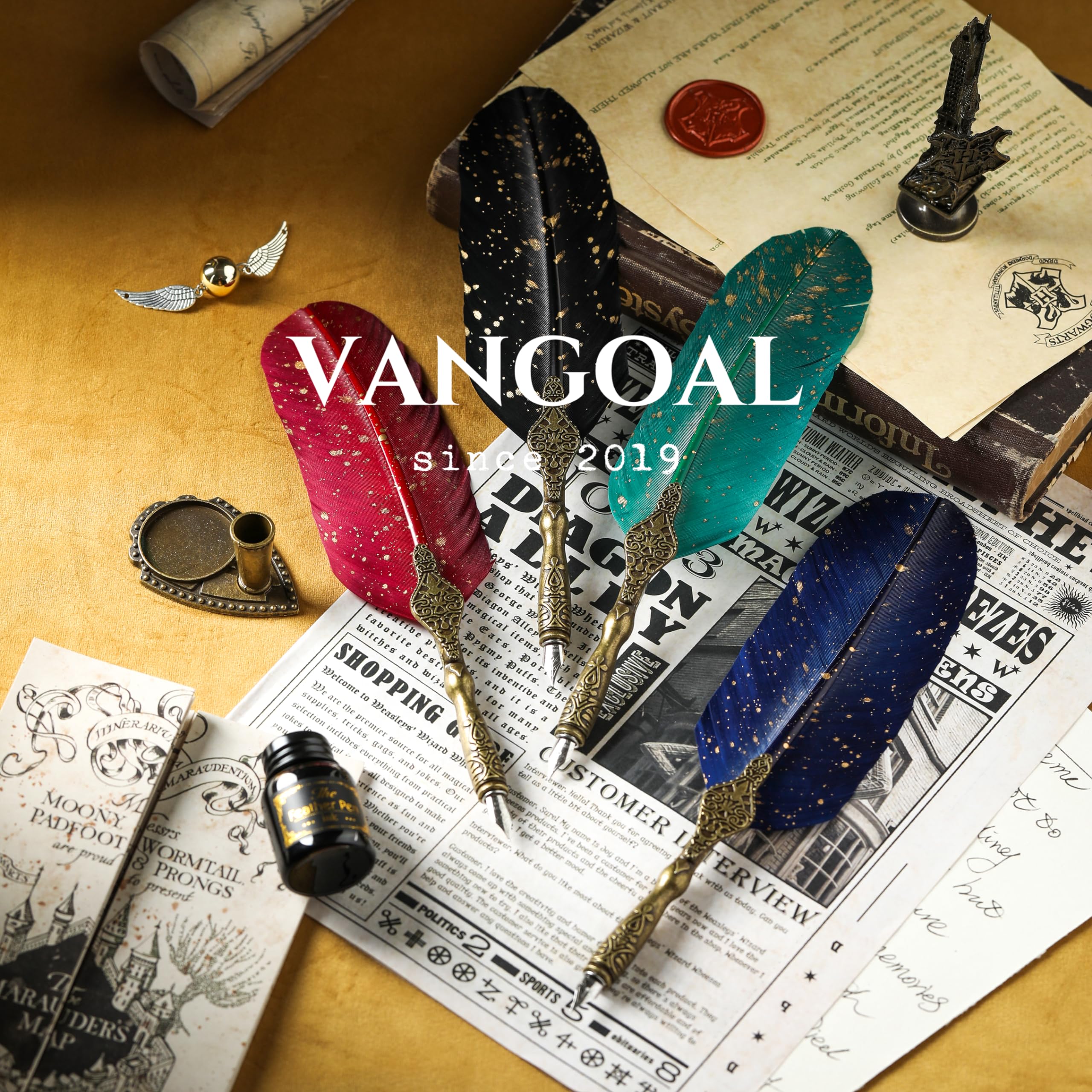 VANGOAL Feather Pen and Ink Set, Glittering Quill Pen Set Antique Calligraphy Dip Pen with Ink, 2 Replacement Nibs, Pen Stand Base, Luxury Vintage Signature Pen (Green)