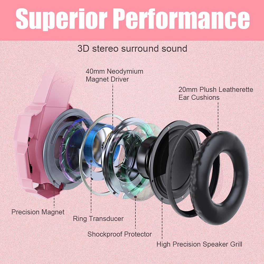 BENGOO G9000 Professional Gaming Headset for PS4, PC, Xbox One Controller, Noise Cancelling Over Ear Headphones with Mic, LED Light, Bass Surround, Soft Memory Earmuffs for Laptop Nintendo - Pink