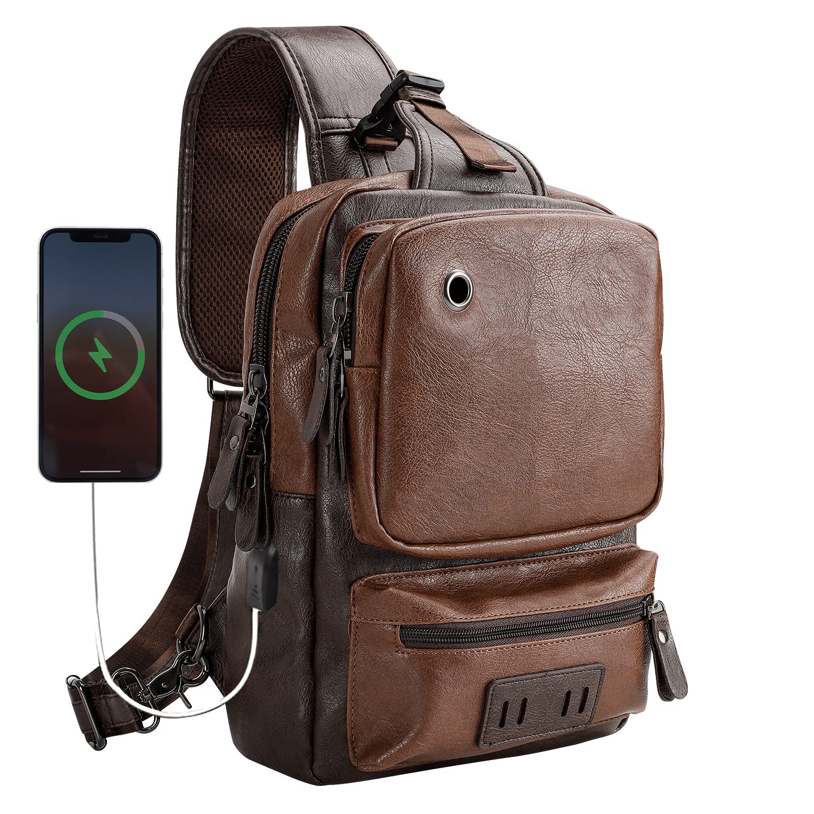 AONETIGER Small Brown Sling Crossbody Backpack Shoulder Bag, Vintage PU Leather Casual Daypack Rucksack with USB Charger bag for Men Women