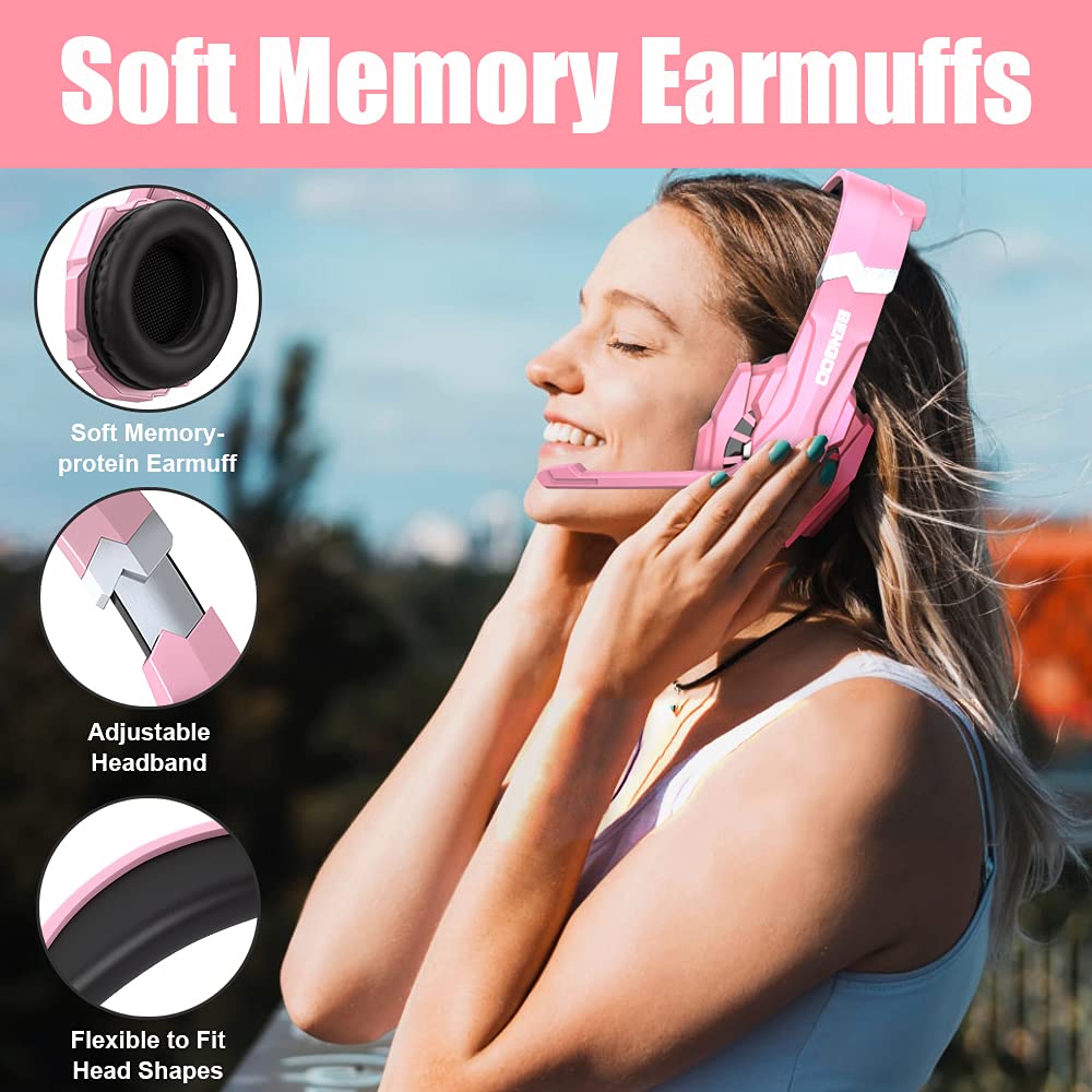 BENGOO G9000 Professional Gaming Headset for PS4, PC, Xbox One Controller, Noise Cancelling Over Ear Headphones with Mic, LED Light, Bass Surround, Soft Memory Earmuffs for Laptop Nintendo - Pink