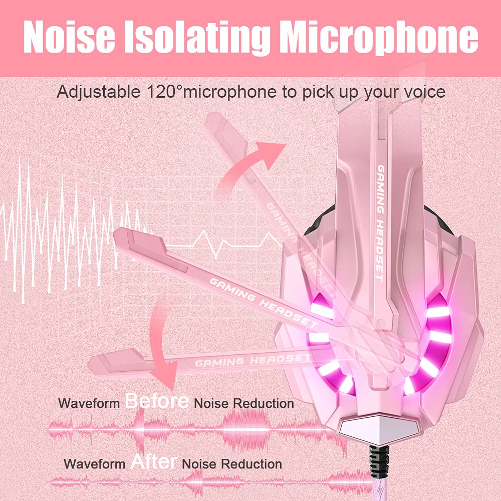 BENGOO G9000 Professional Gaming Headset for PS4, PC, Xbox One Controller, Noise Cancelling Over Ear Headphones with Mic, LED Light, Bass Surround, Soft Memory Earmuffs for Laptop Nintendo - Pink