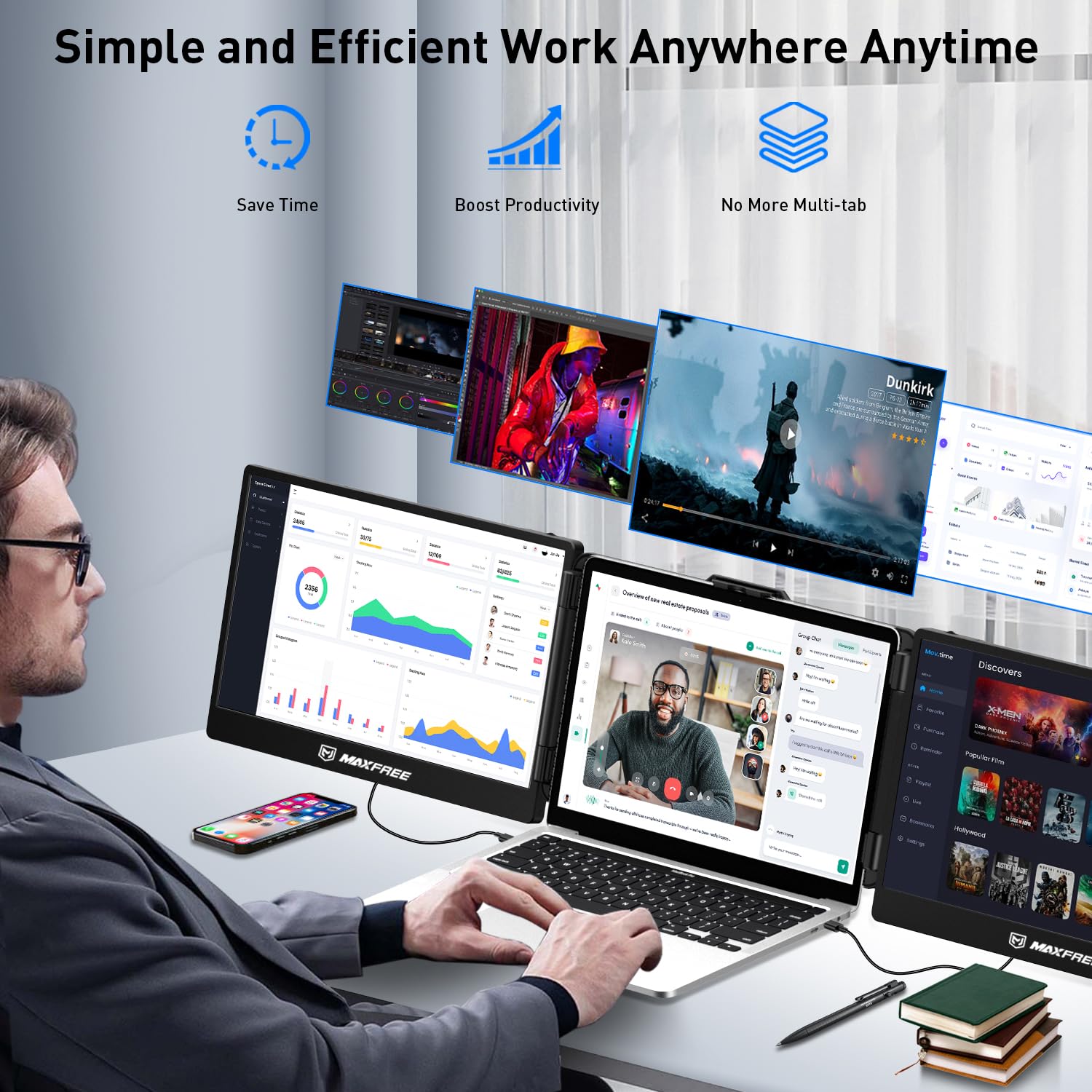 Maxfree S2 Laptop Screen Extender, 14'' Laptop Monitor Extender Plug & Play, 1080P FHD Triple Portable Dual Monitor for 13-17'' Laptops, Compatible with Windows/Mac/Surface/Android/Switch