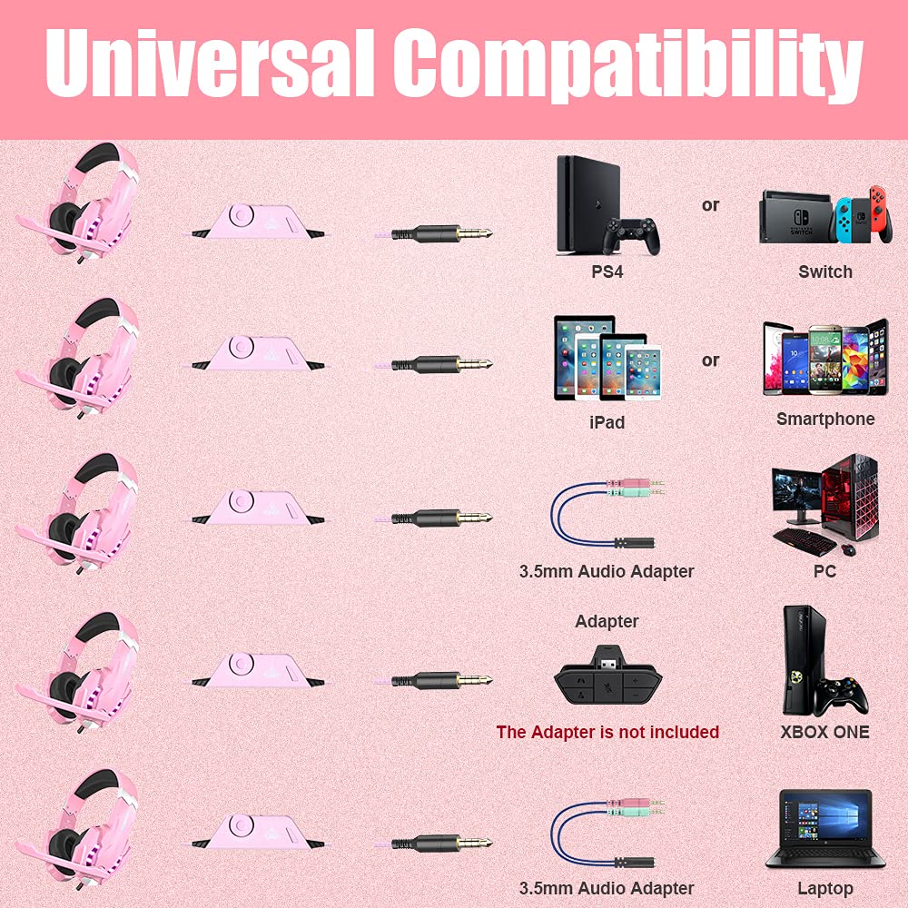 BENGOO G9000 Professional Gaming Headset for PS4, PC, Xbox One Controller, Noise Cancelling Over Ear Headphones with Mic, LED Light, Bass Surround, Soft Memory Earmuffs for Laptop Nintendo - Pink