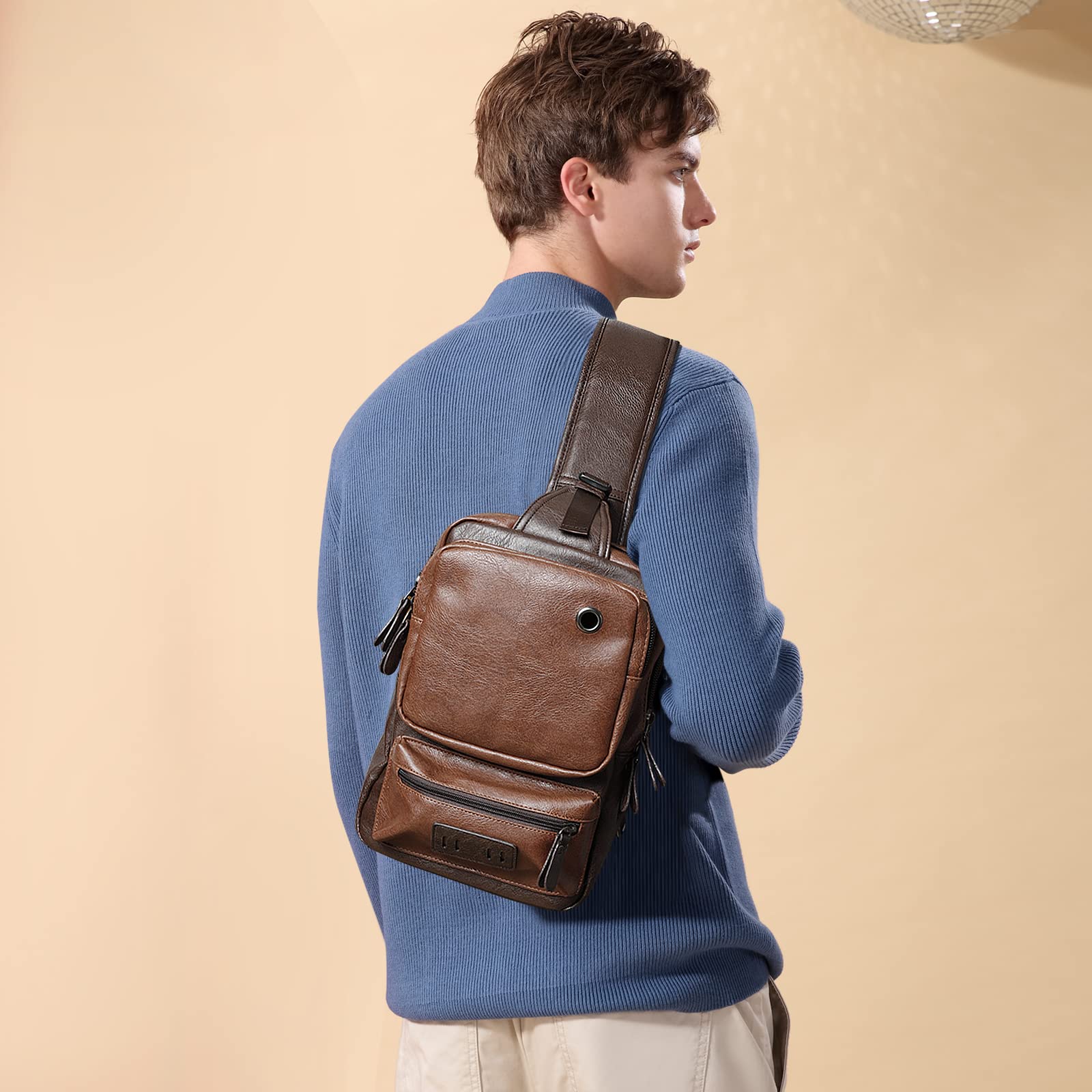 AONETIGER Small Brown Sling Crossbody Backpack Shoulder Bag, Vintage PU Leather Casual Daypack Rucksack with USB Charger bag for Men Women