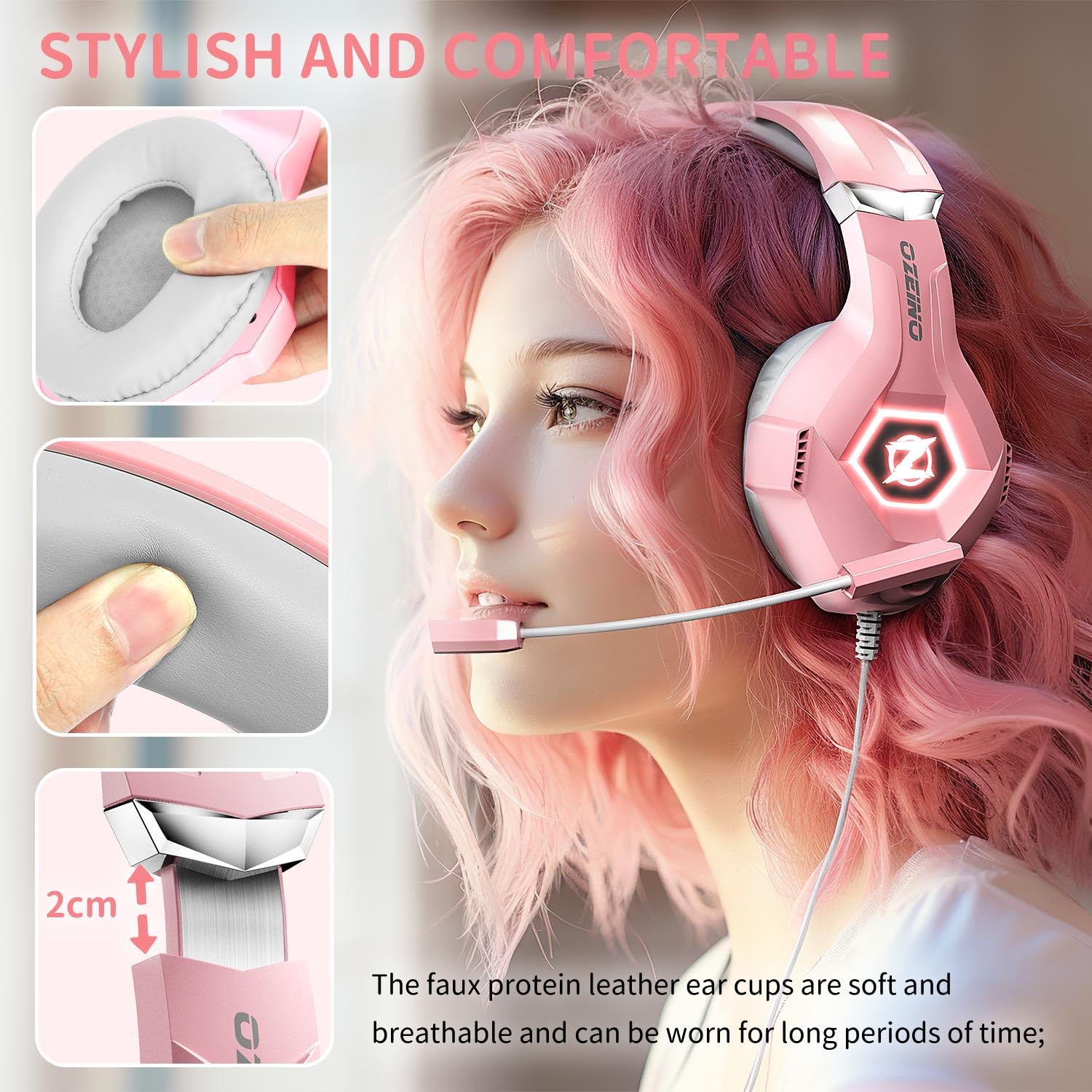 Ozeino Gaming Headset for PS4, PS5, PC, Xbox One Controller, Noise Cancelling Over Ear Headphones with Mic, LED Light, Bass Surround, Soft Memory Earmuffs -Pink