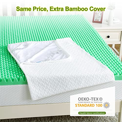 Mattress Topper Full Extra Long (Full XL), Homhougo 2 Inch Green Tea Memory Foam Mattress Topper with Zippered Bamboo Cover, Cloud-Like Soft