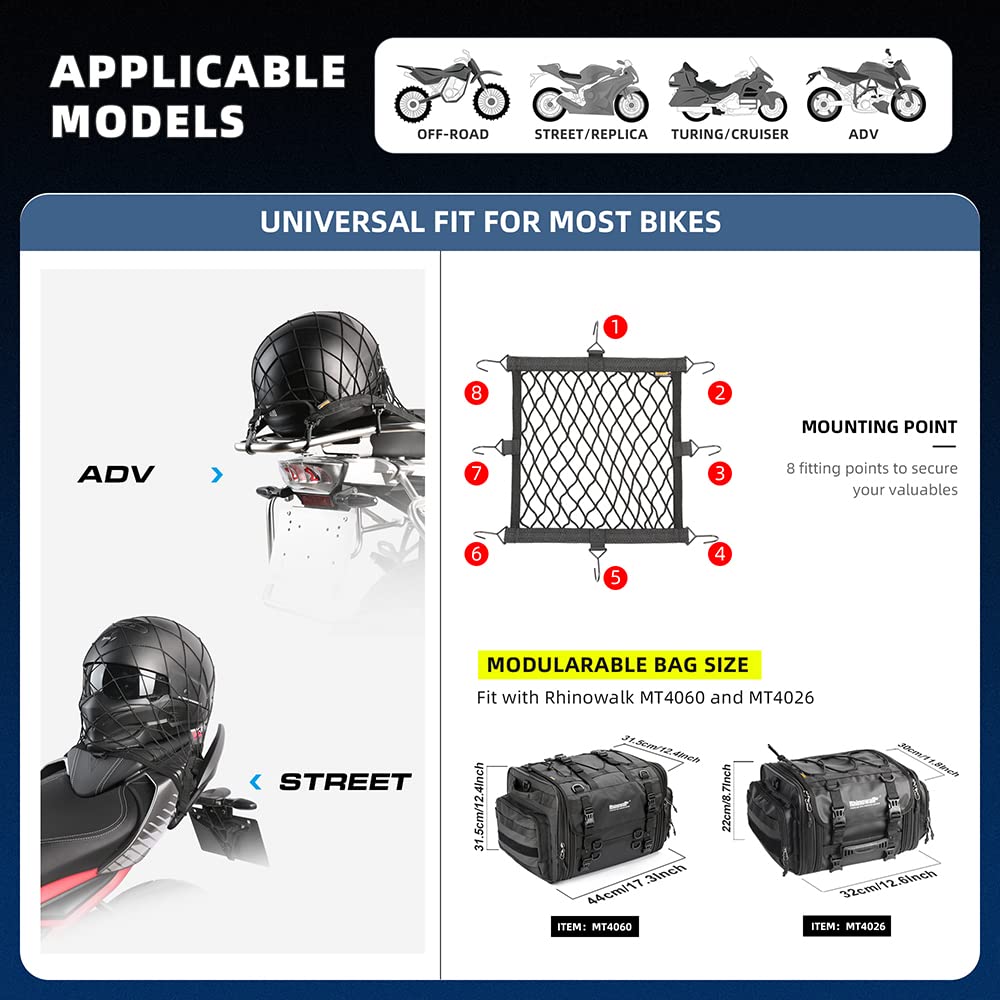 Rhinowalk Motorcycle Luggage Net Cargo Net Helmet Luggage Net with Adjustable Metal Hooks for Motorcycles and Bicycles