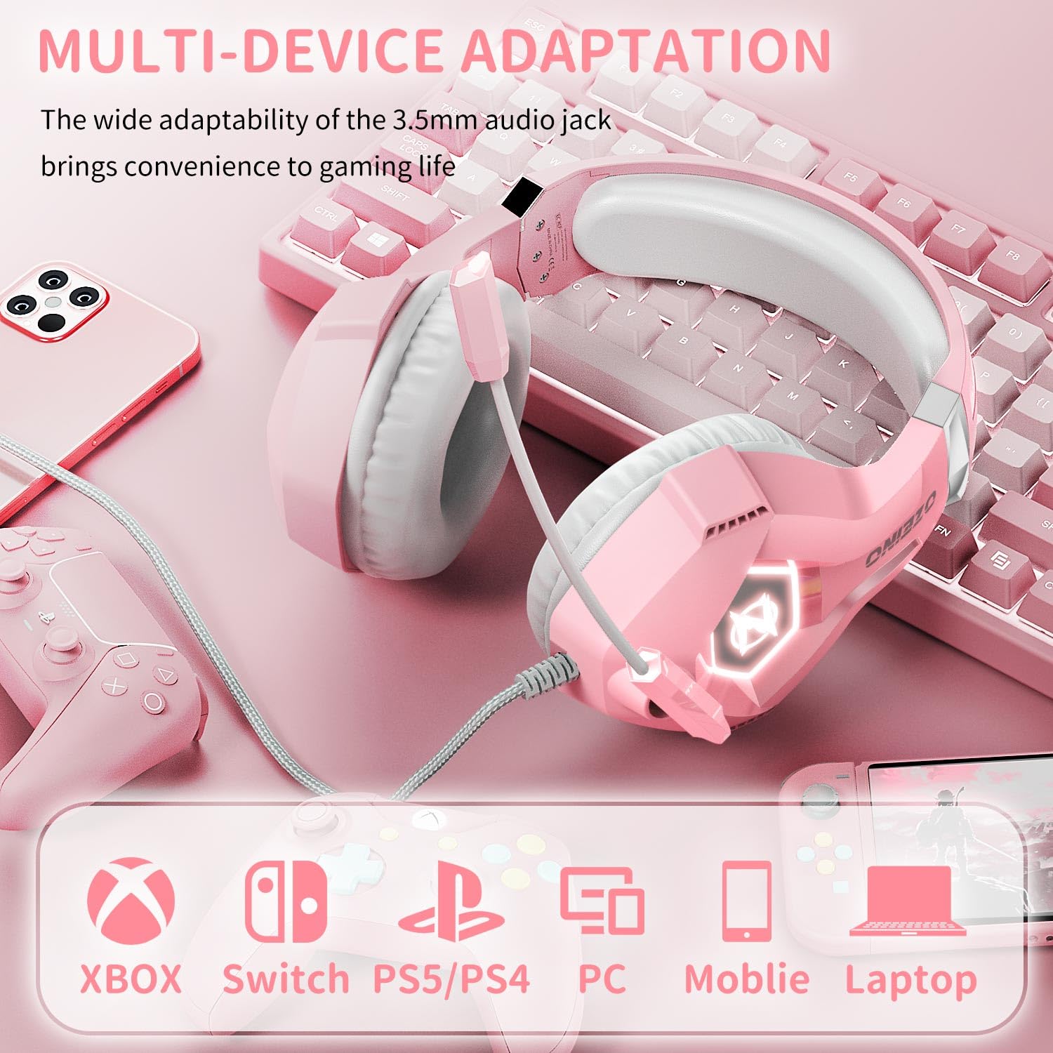 Ozeino Gaming Headset for PS4, PS5, PC, Xbox One Controller, Noise Cancelling Over Ear Headphones with Mic, LED Light, Bass Surround, Soft Memory Earmuffs -Pink