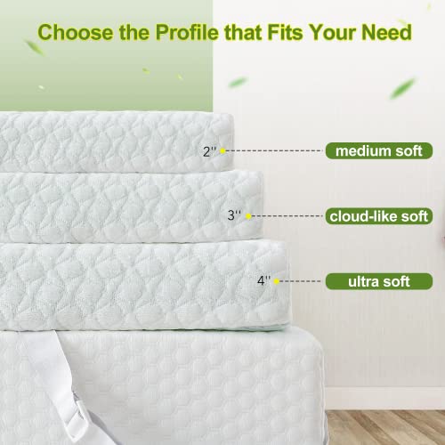 Mattress Topper Full Extra Long (Full XL), Homhougo 2 Inch Green Tea Memory Foam Mattress Topper with Zippered Bamboo Cover, Cloud-Like Soft
