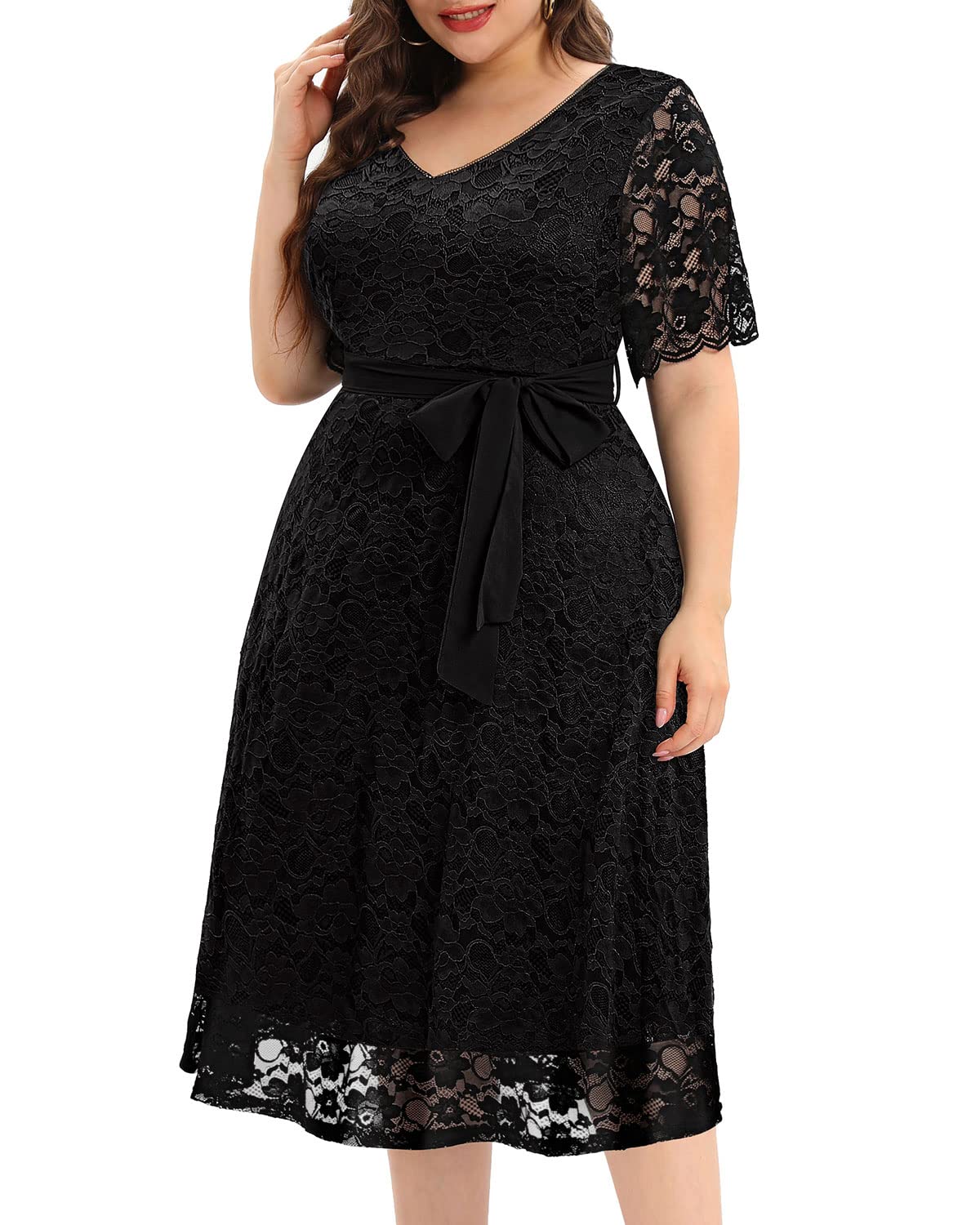 Plus Size Dresses Wedding Guest Cocktail Little Black Women Semi Formal Party Graduation Summer Lace Funeral V Neck Midi