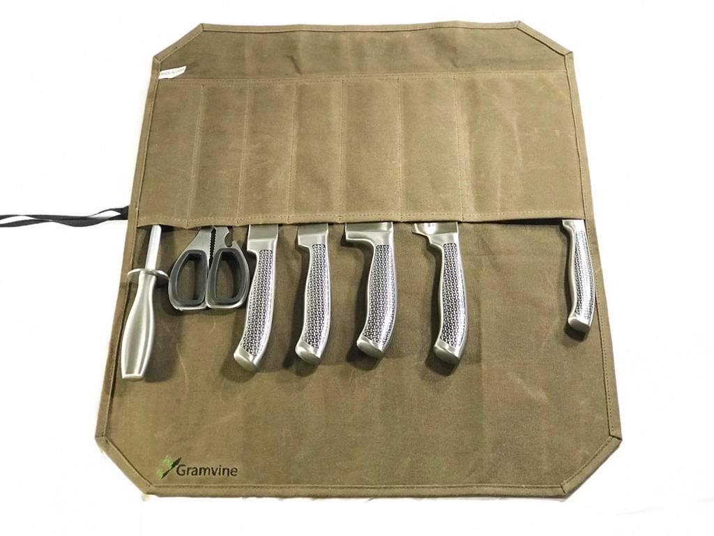 GramVine Professional Chef’s Knife Roll, Waxed Canvas Roll Foldable Knife Culinary Bag Wrap, Kitchen Knives Holder Organiser, Utensils Wrap Bag, Travel Tool Roll Pouch Storage
