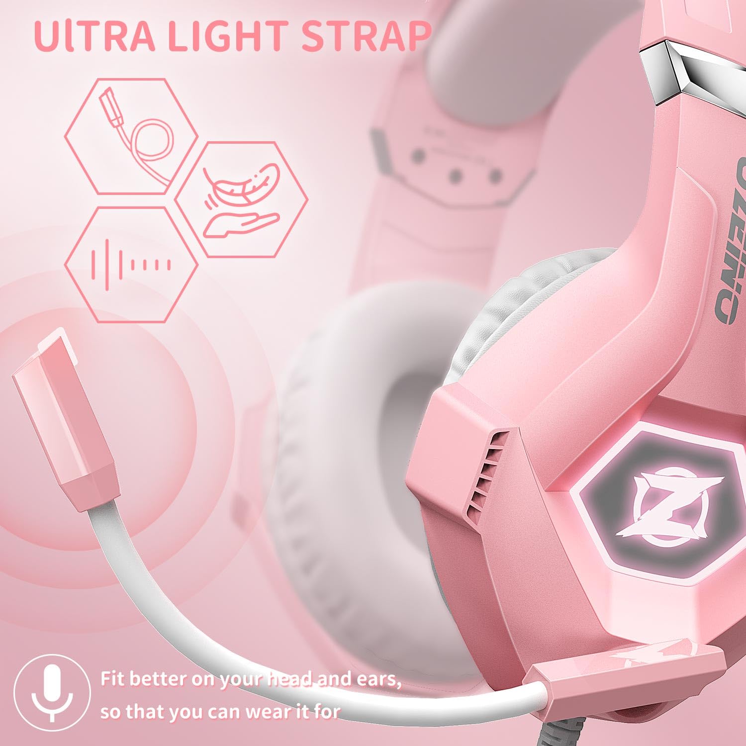 Ozeino Gaming Headset for PS4, PS5, PC, Xbox One Controller, Noise Cancelling Over Ear Headphones with Mic, LED Light, Bass Surround, Soft Memory Earmuffs -Pink
