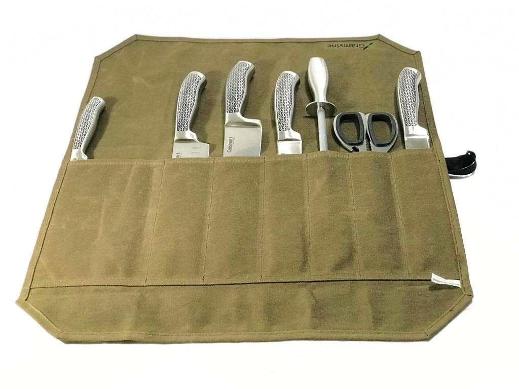GramVine Professional Chef’s Knife Roll, Waxed Canvas Roll Foldable Knife Culinary Bag Wrap, Kitchen Knives Holder Organiser, Utensils Wrap Bag, Travel Tool Roll Pouch Storage