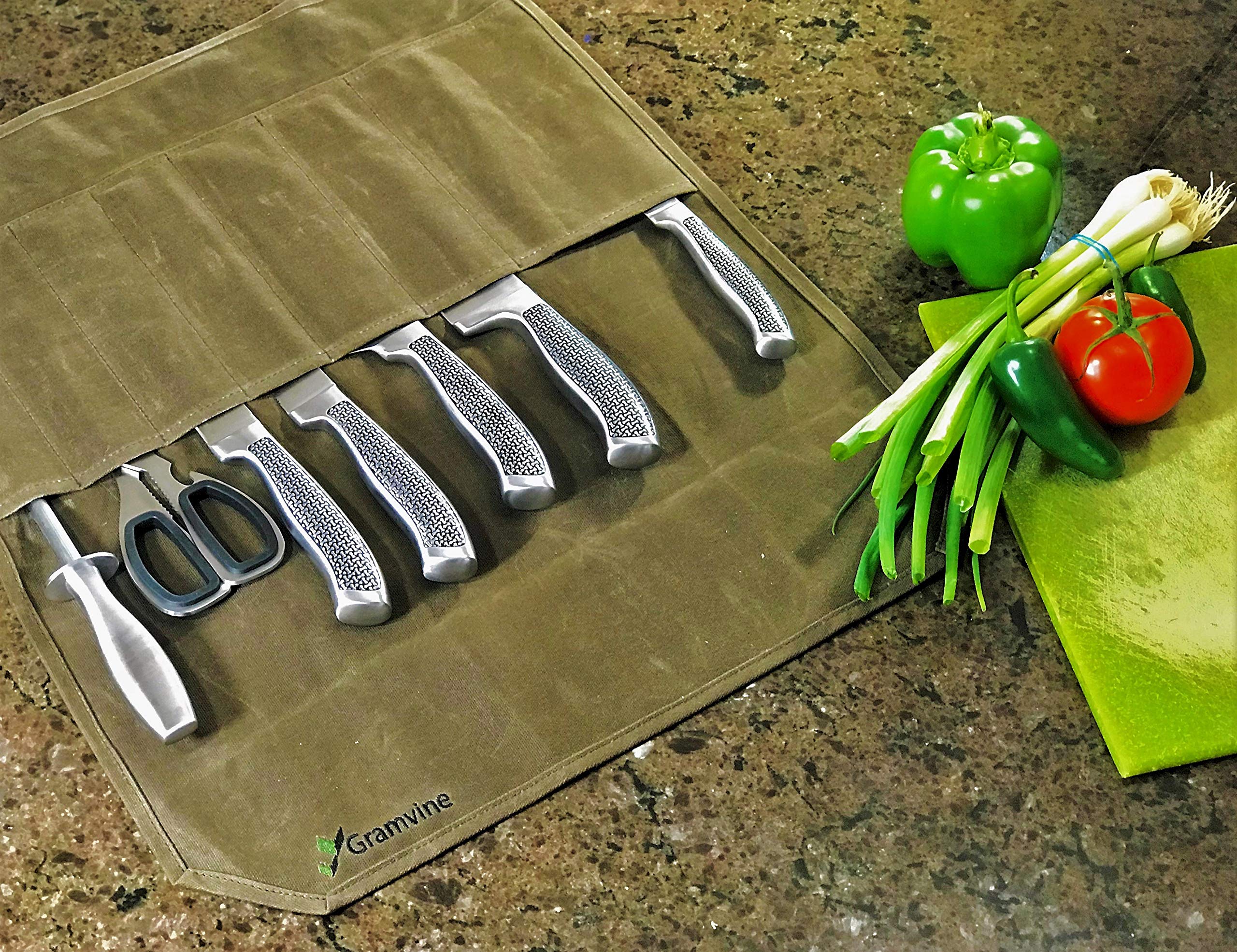 GramVine Professional Chef’s Knife Roll, Waxed Canvas Roll Foldable Knife Culinary Bag Wrap, Kitchen Knives Holder Organiser, Utensils Wrap Bag, Travel Tool Roll Pouch Storage