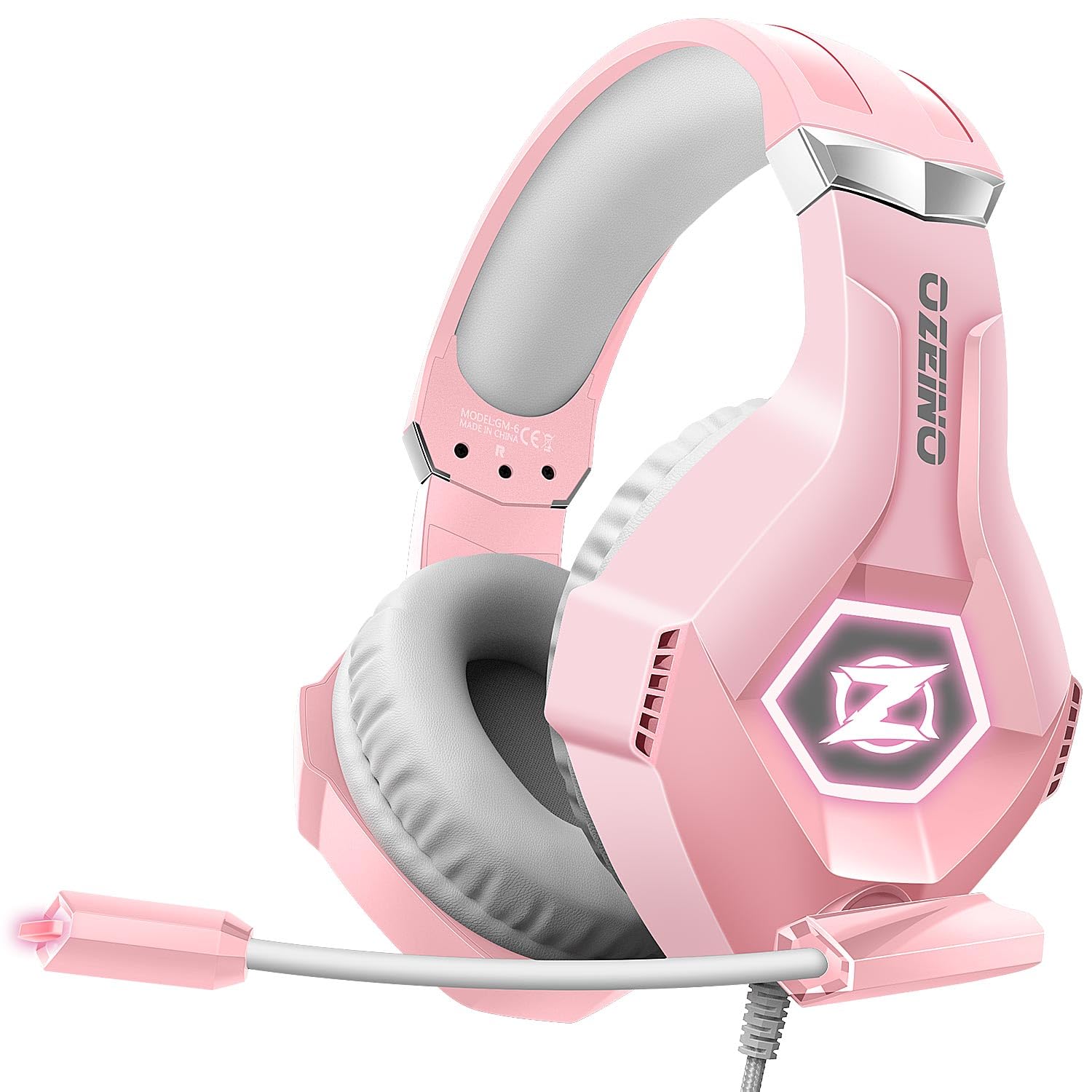 Ozeino Gaming Headset for PS4, PS5, PC, Xbox One Controller, Noise Cancelling Over Ear Headphones with Mic, LED Light, Bass Surround, Soft Memory Earmuffs -Pink