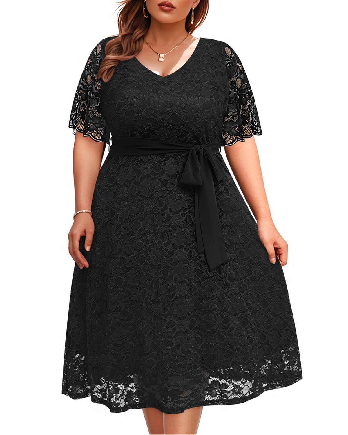 Plus Size Dresses Wedding Guest Cocktail Little Black Women Semi Formal Party Graduation Summer Lace Funeral V Neck Midi