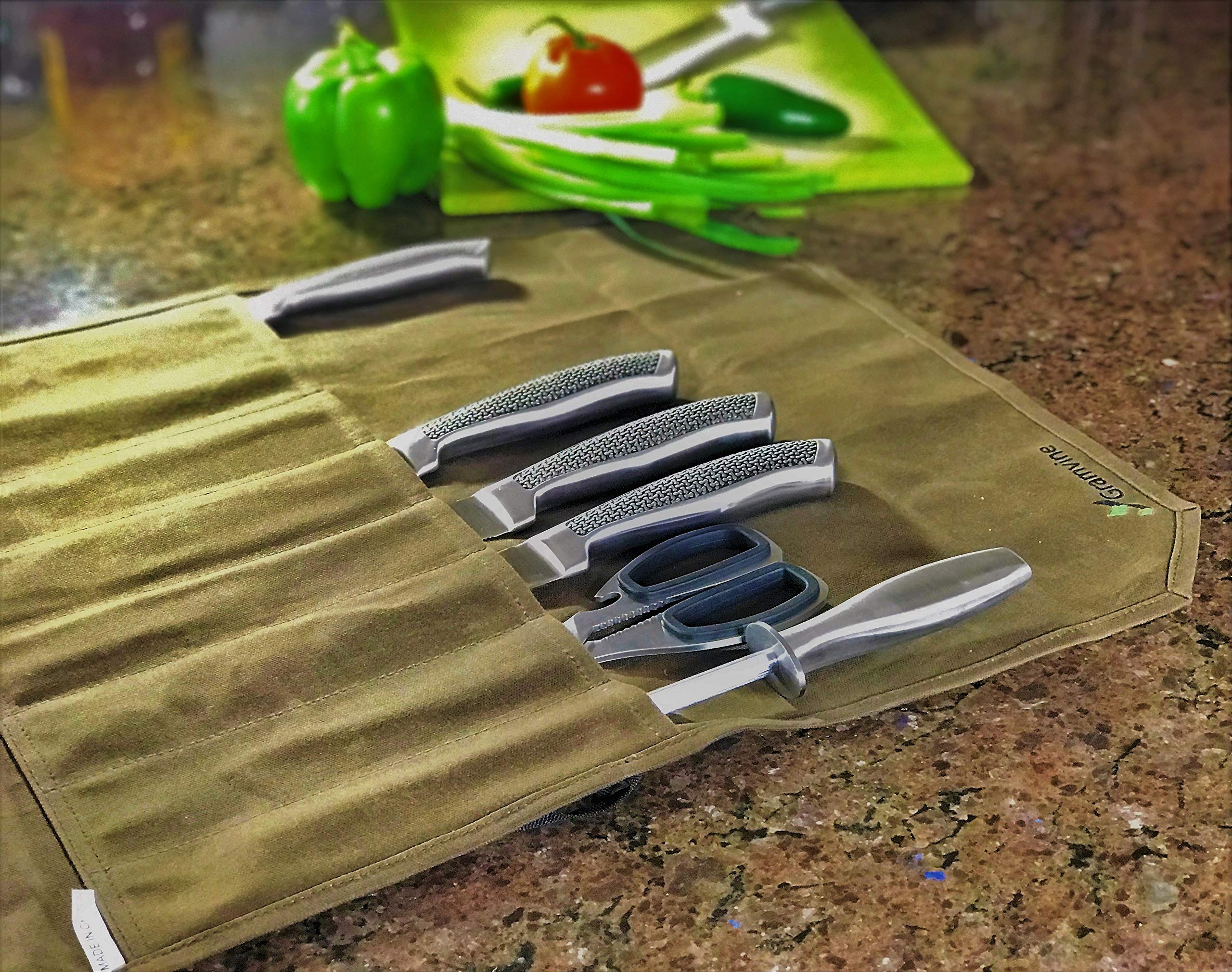 GramVine Professional Chef’s Knife Roll, Waxed Canvas Roll Foldable Knife Culinary Bag Wrap, Kitchen Knives Holder Organiser, Utensils Wrap Bag, Travel Tool Roll Pouch Storage