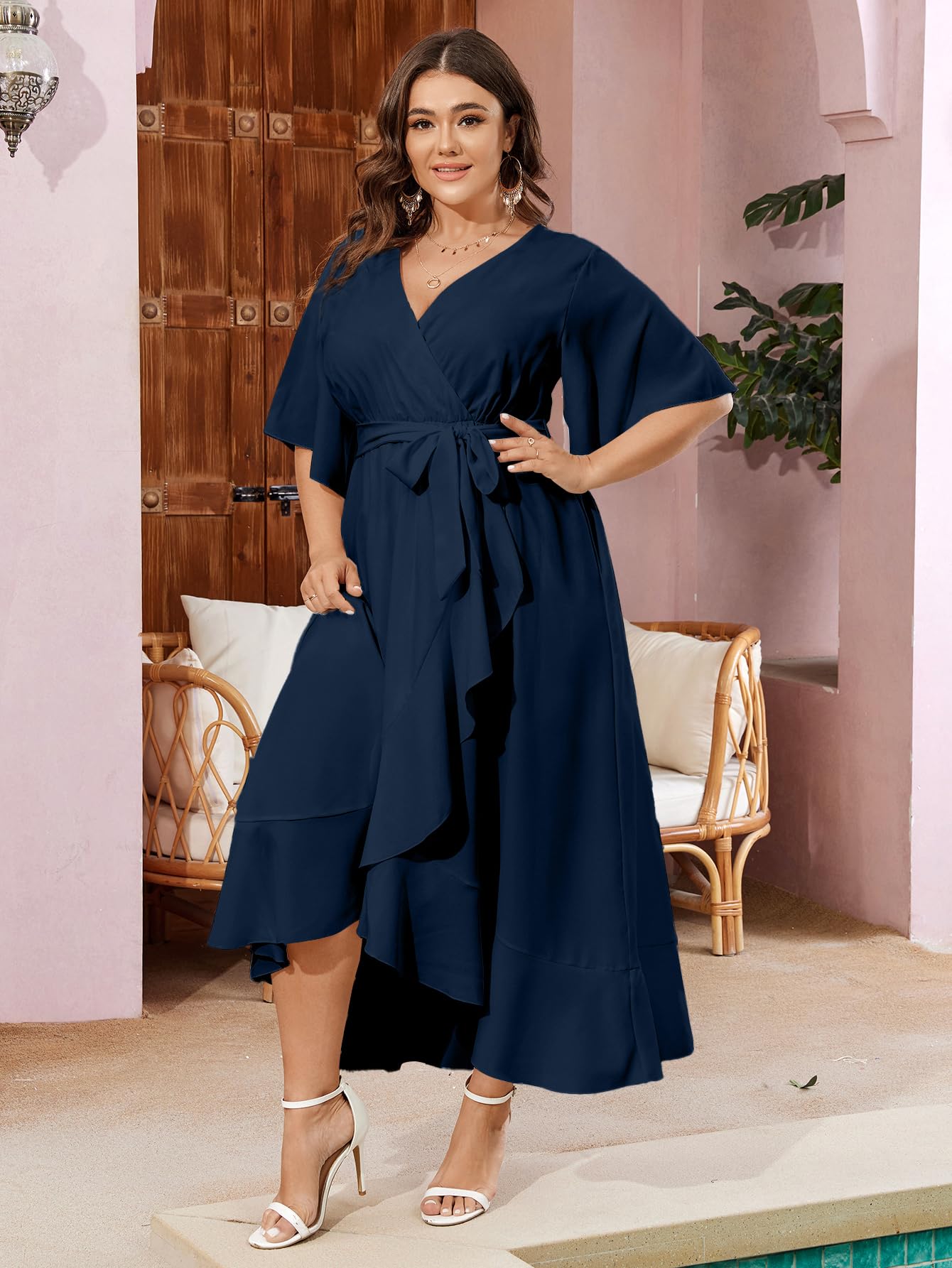 SCOMCHIC Women Plus Size Maxi Dress Short Sleeve Wrap V Neck High Low Split Ruffle Long Dress Navy Blue