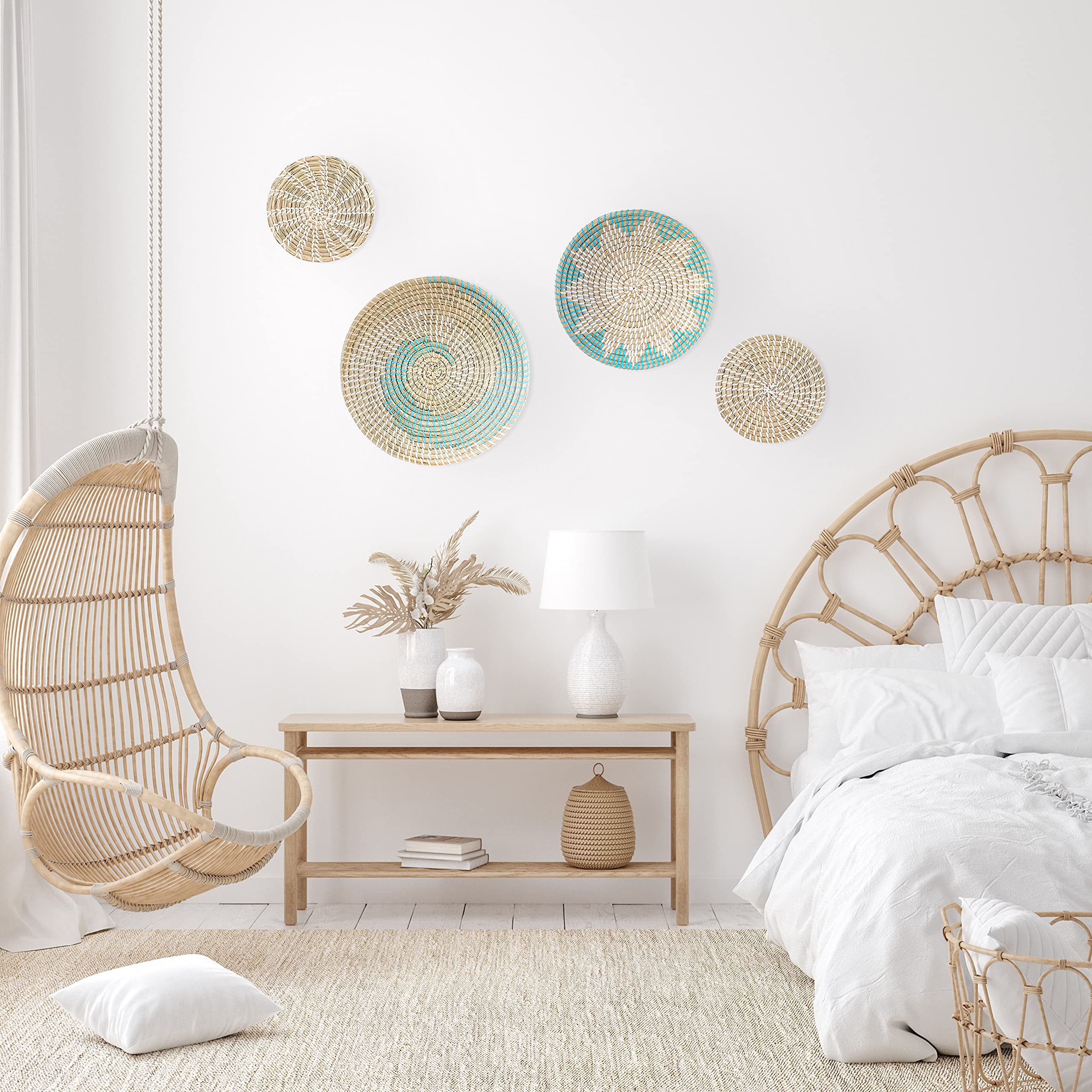 Wall Basket Decor Boho Set of 4 - Hanging Woven Wall Baskets - Wicker Wall Décor - Handmade Woven Wall Baskets - Wicker Basket Wall Art - Natural Seagrass - Coastal Decor for Home