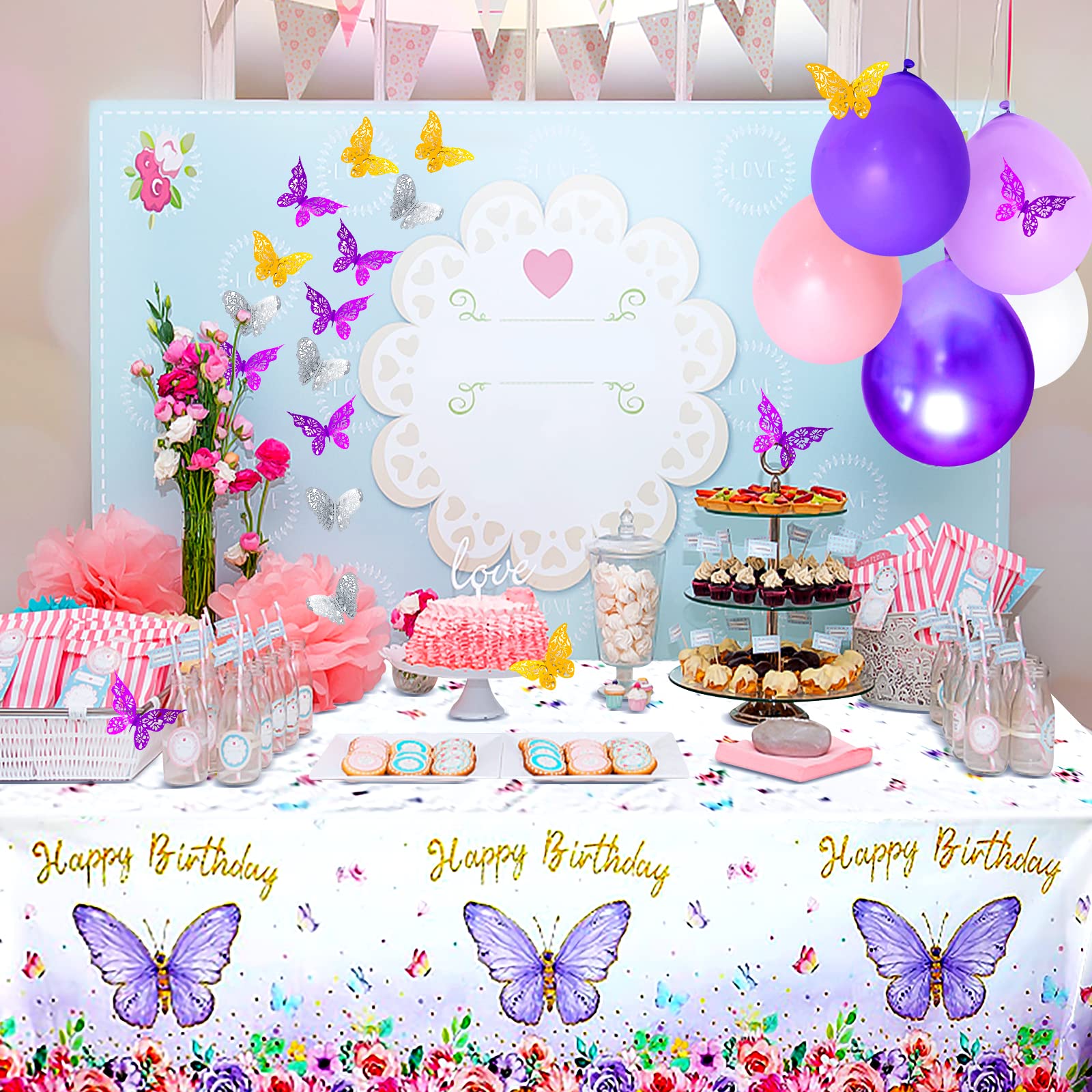 150pcs Butterfly Birthday Party Decorations for Girl-Purple Pink Balloons Garland Kit Butterfly Tablecloth 36pcs Butterfly Stickers for Baby Shower Decorations for Girl Birthday Party Supplies Decor.