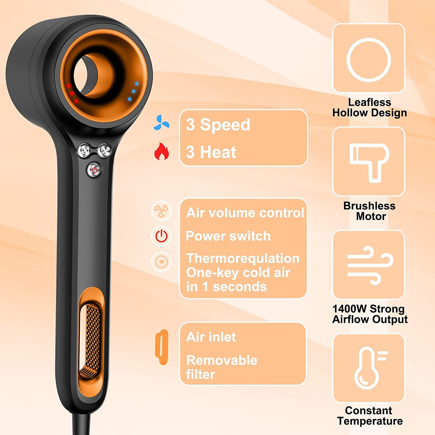 Ionic Hair Dryer, High Speed Blow Dryer, 110, 000 RPM Brushless Motor for Fast Drying, Low Noise, Memory Function, Reduce Frizz, Professional Hairdryer with Magnetic Nozzles, Diffuser for Home, Salon