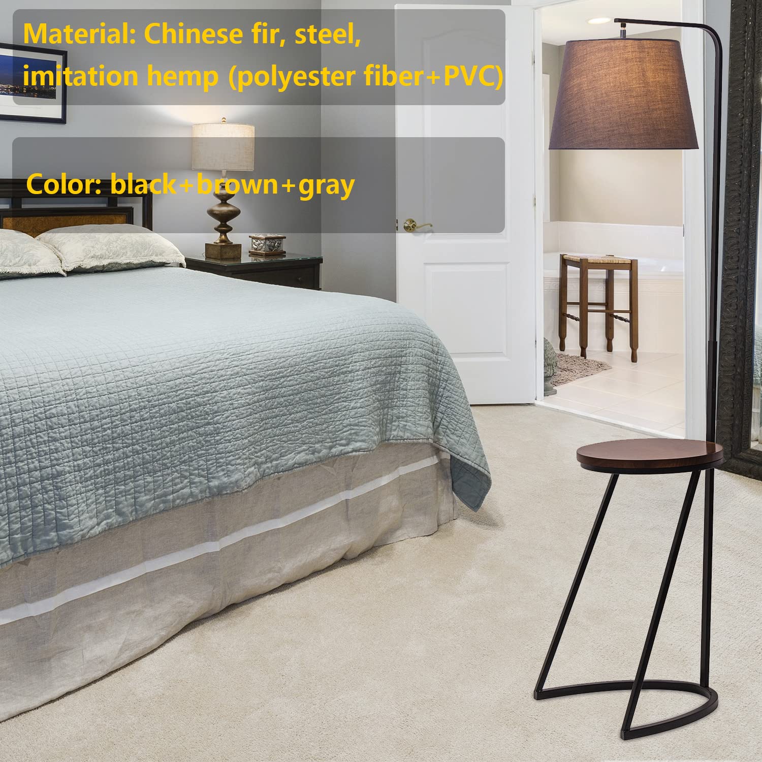 Nightstand End Table with Standing Reading Light, Rustic Brown Shade Fabric Shade Floor Lamp with Side Table, 2 in 1 Wood Bedside Floor Light for Living Room Sofa Bedroom Guest Room, 65" H (No Bulb)
