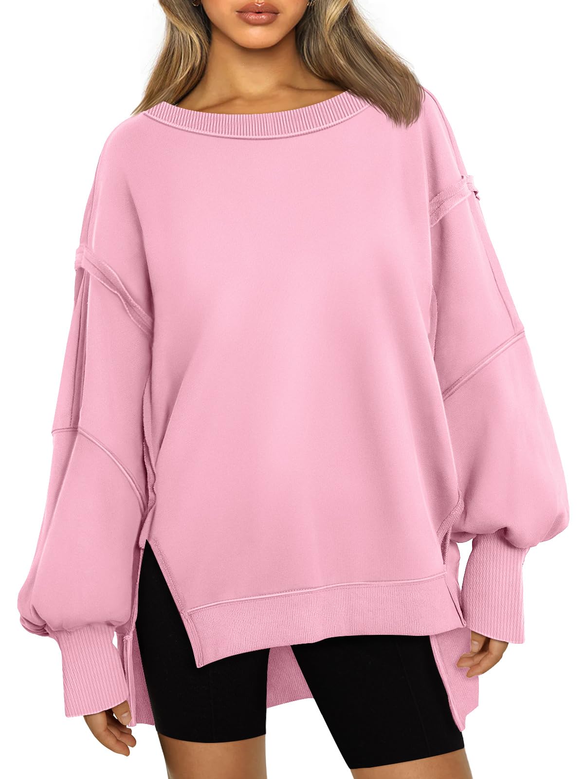 Trendy Queen Womens Oversized Sweatshirts Hoodies Crewneck Shirts Fall Outfits Teen Girls Y2k Winter Clothes Pink L