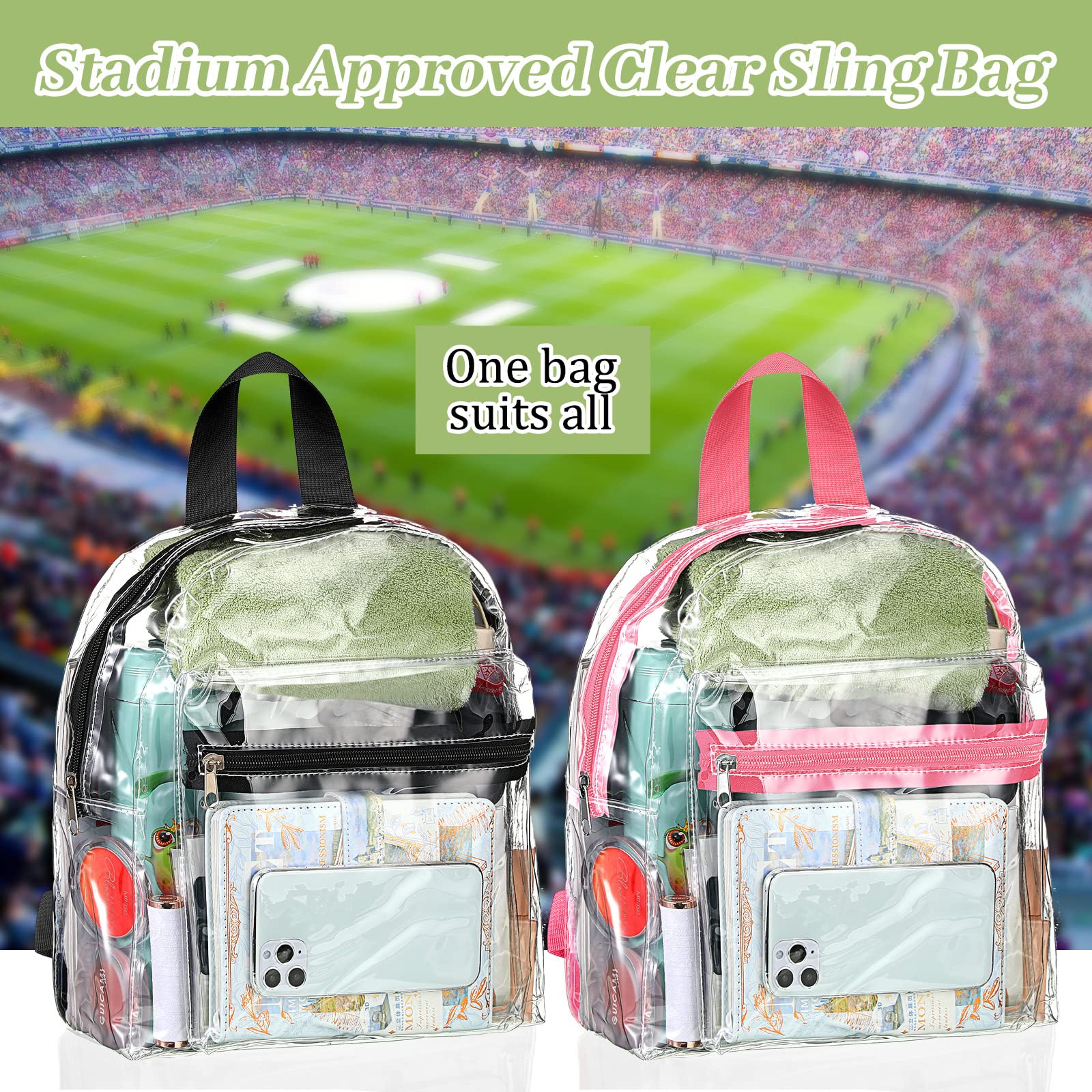 Zhehao 2 Pcs Clear Mini Backpacks Plastic Transparent Backpacks PVC Backpack for Kids, School, Concert, Beach, Stadium, Travel (Black, Pink)