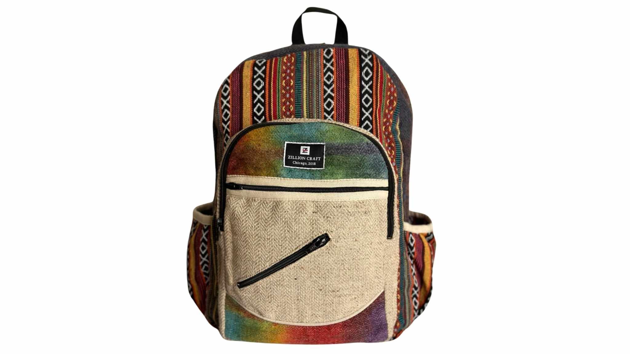 Zillion Craft himalayan hemp back pack. Hand made Bohemian style large size back pack for school , college. Multi pocket laptop back pack.