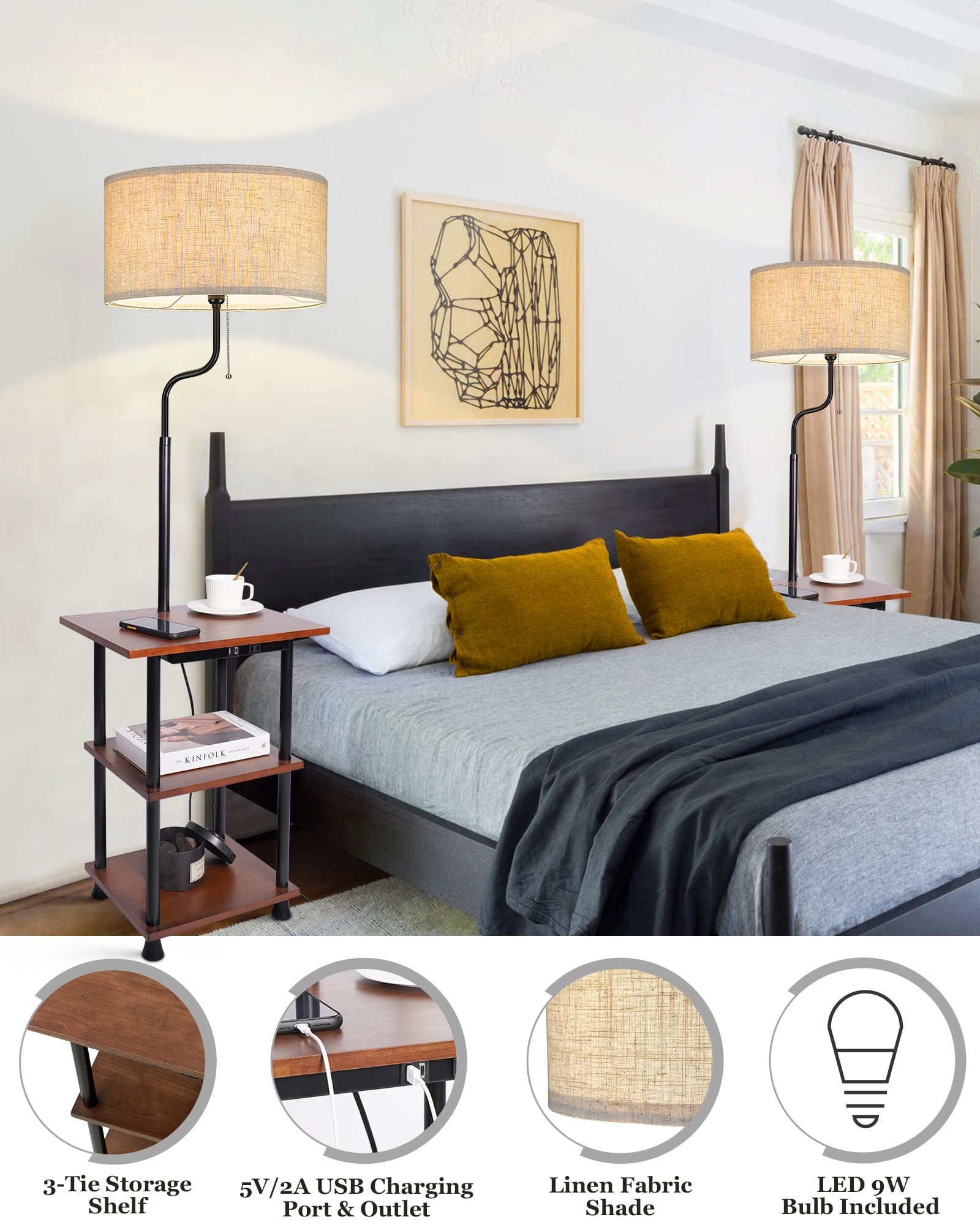 ELYONA Modern Boho Pendant Lights, Hand Woven Hanging Lamp with Dome Basket Shade & Rubber Wood Floor Lamp with Table for Farmhouse Kitchen Island Dining Room Living Room Hallway