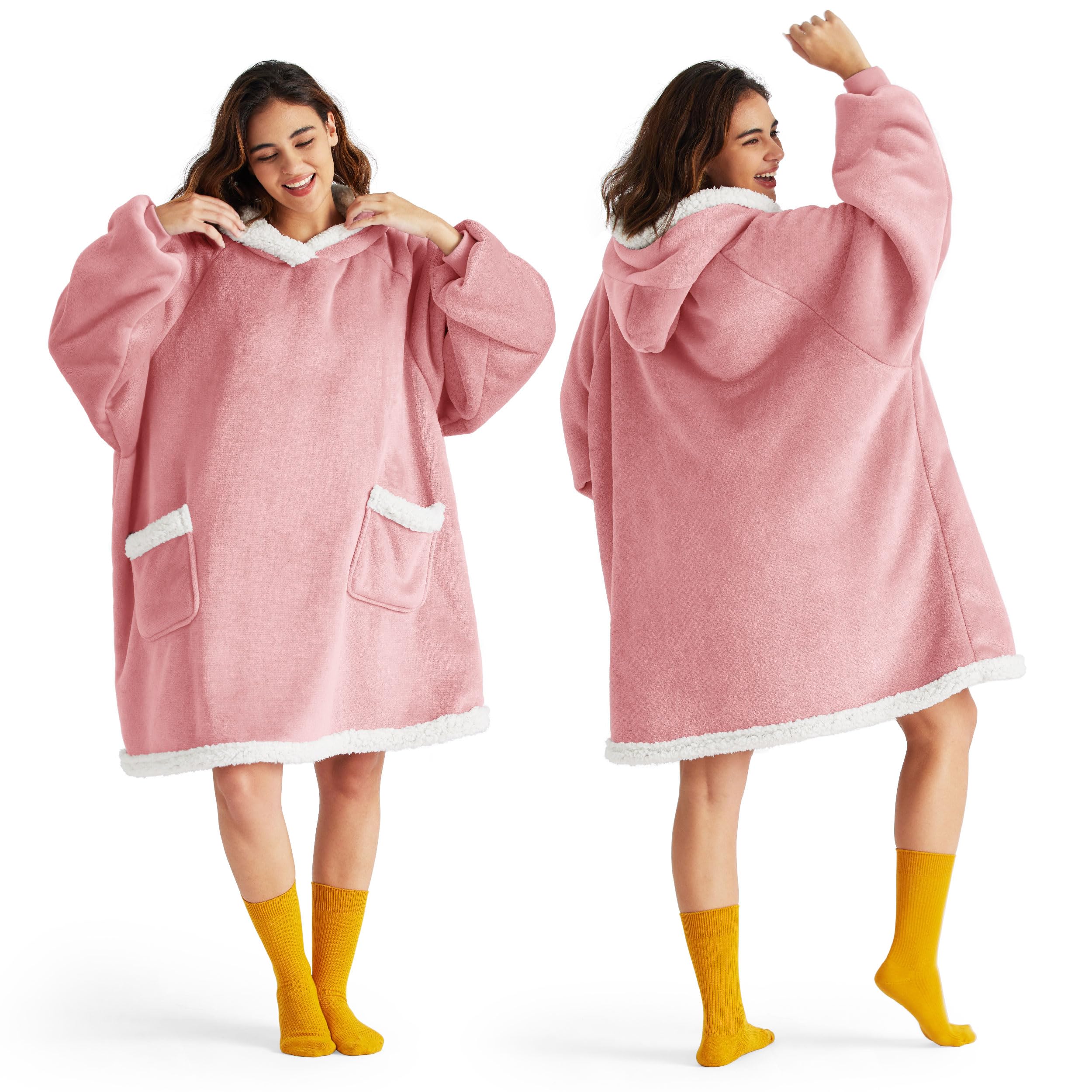Bedsure Blanket Hoodie, Wearable Blanket for Adult & Kids as Gifts for Women Men, Birthday Gifts for Women Mom Sherpa Hoodie, Mellow Rose, Standard