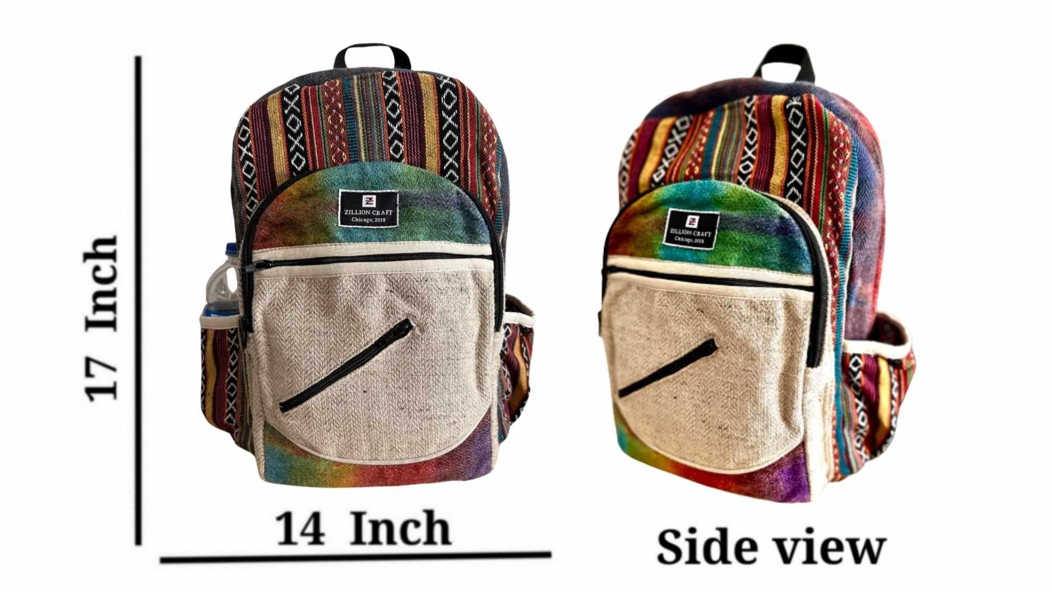 Zillion Craft himalayan hemp back pack. Hand made Bohemian style large size back pack for school , college. Multi pocket laptop back pack.