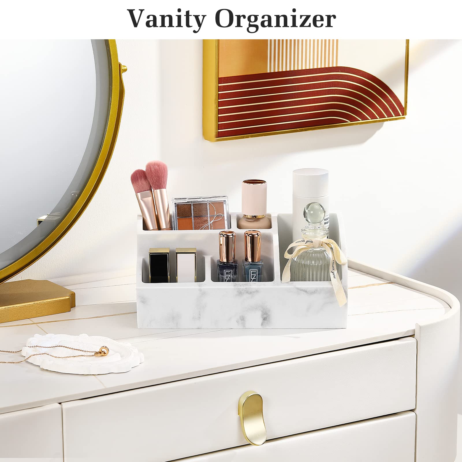 Luxspire Bathroom Counter Organizer, 5 Slot Toothbrush Holder, Marble Bathroom Accessories, Gravel White